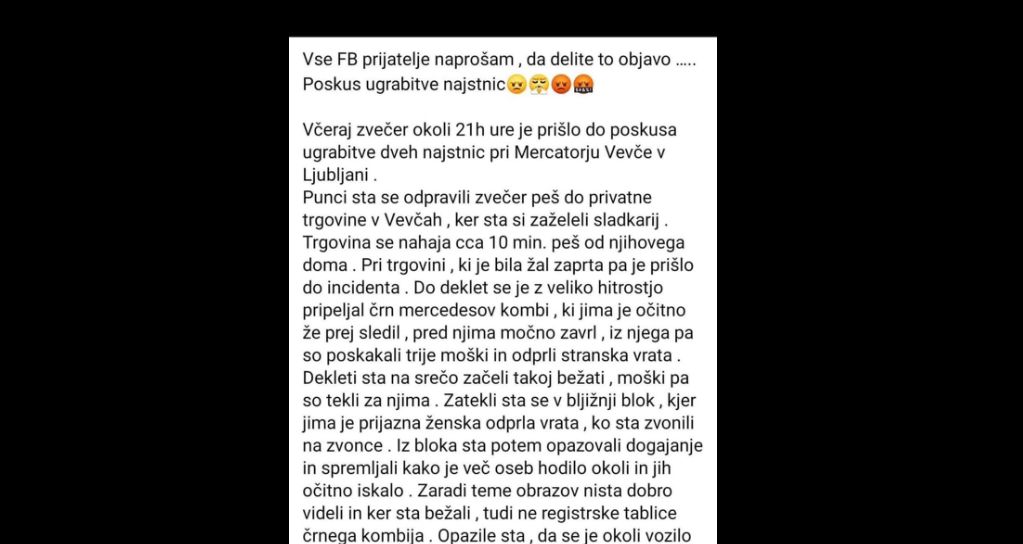 V Ljubljani hoteli ugrabiti najstnici! Srhljiv zapis na FB: „Iz avta so ...